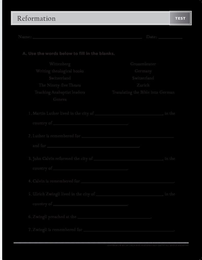 43 Reformation Test – Christian Learning Resource